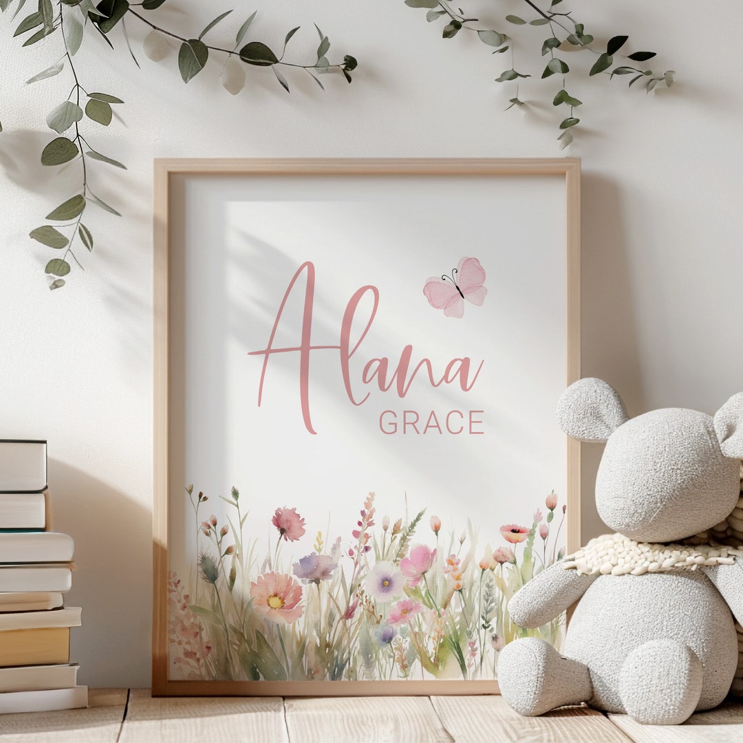 Personalized Name Wildflowers Nursery Wall Art, Custom Floral Print ...