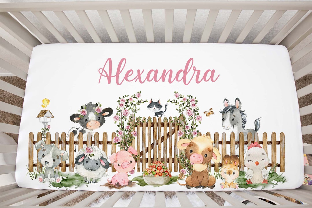 Personalized Farm Animals Crib Sheet, Floral Farm Crib Bedding, Farm ...