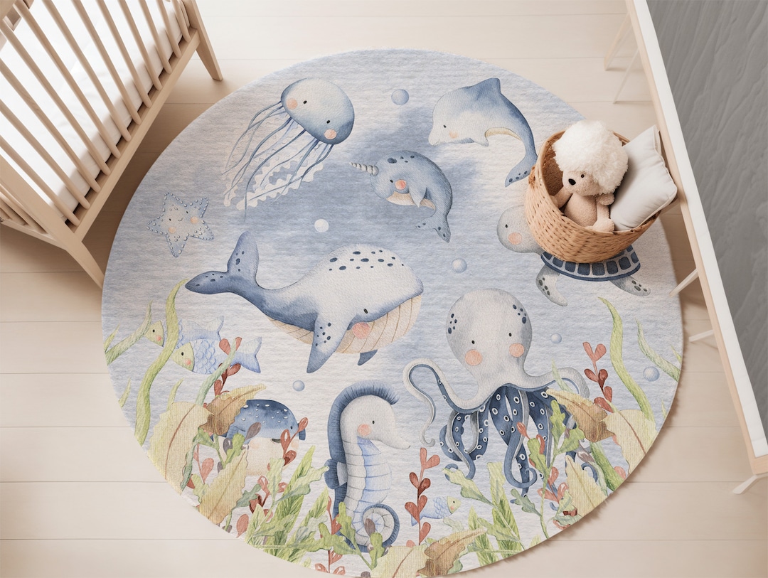 Under the Sea Nursery Rug, Ocean Nursery Decor, Sea Animals Round Rug ...
