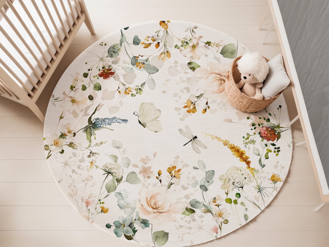 Wildflowers Rug, Floral Nursery Rug, Wildflowers Round Rug, Floral ...