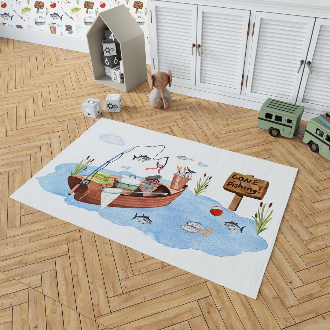 Fishing Nursery Rug, Fishing Nursery Decor, Kids Play Room Rug, Area ...