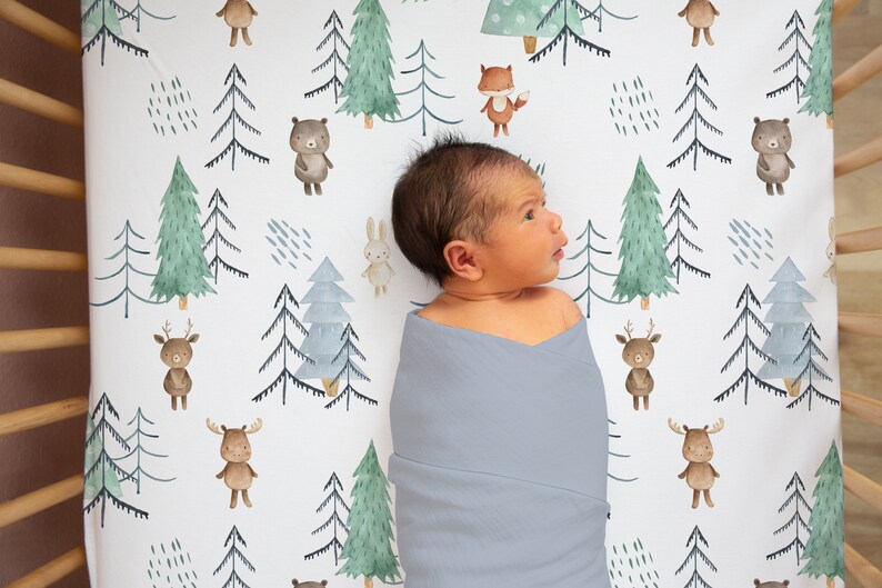 Woodland Crib Sheet, Pine Trees Crib Bedding, Woodland Nursery Bedding ...