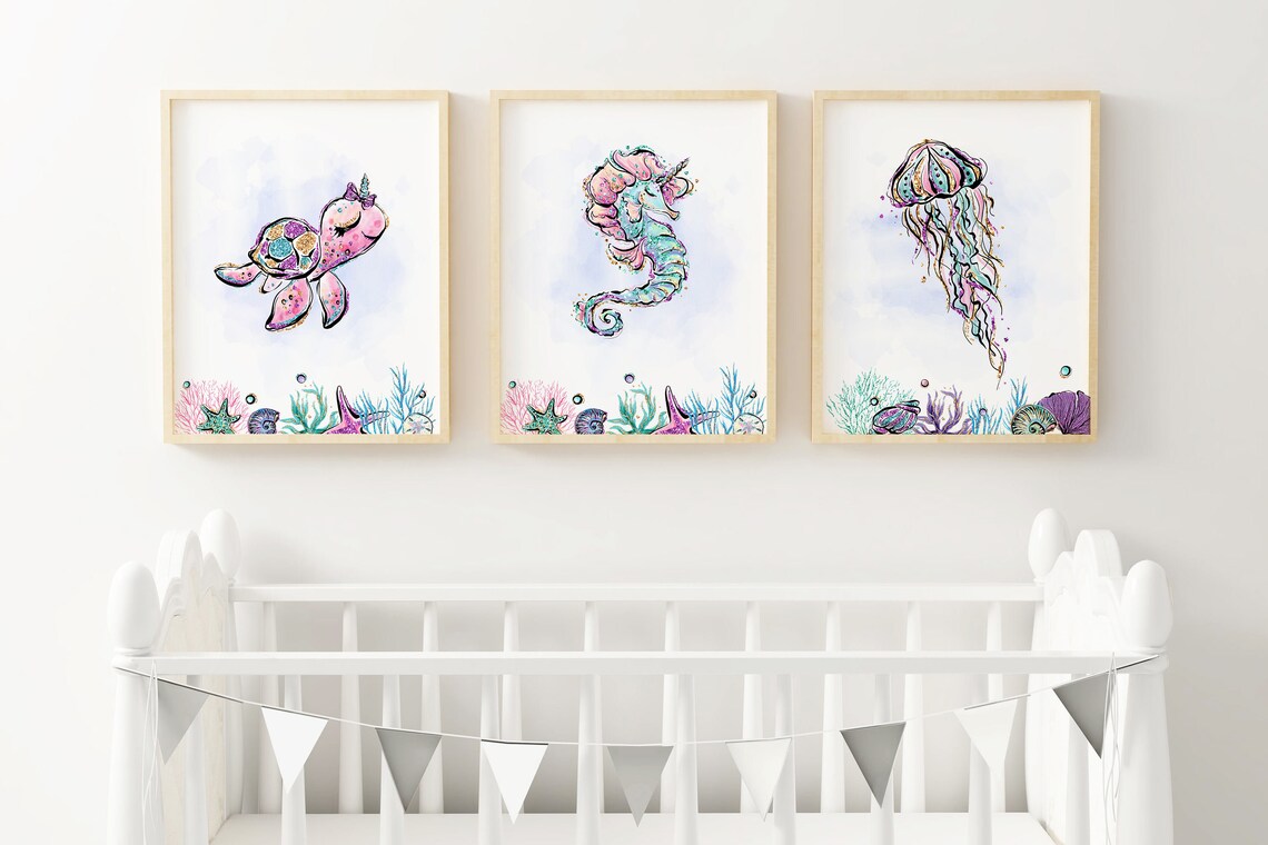 Under the sea nursery girl prints ocean girls room wall art | Etsy