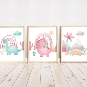 Pink Dinosaur Wall Art, Rainbow Dino Nursery Prints, Dinosaur Room ...