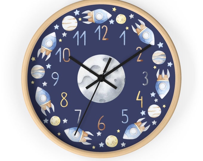 Space Clock, Kids/childrens Glass Wall Clock With Space Theme, Can Be ...