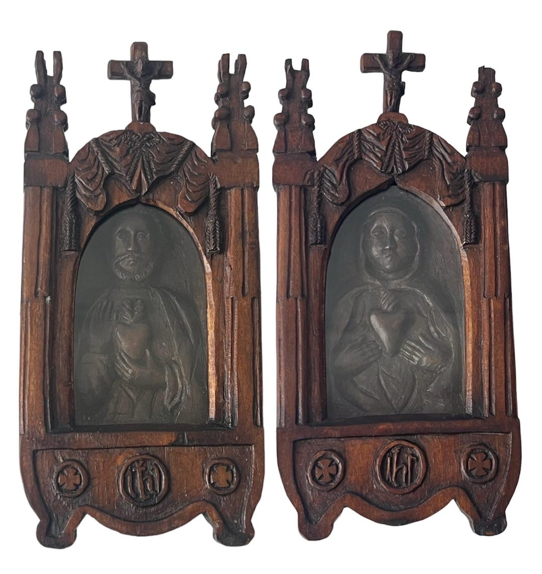 Antique Wooden Altar Diptych - Hand-carved Sacred Heart of Jesus ...