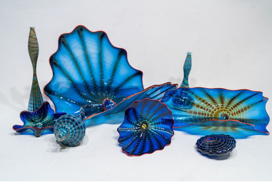 Dale Chihuly Persian Glass Set - Nine Pieces Deep Cobalt With Red Lip ...