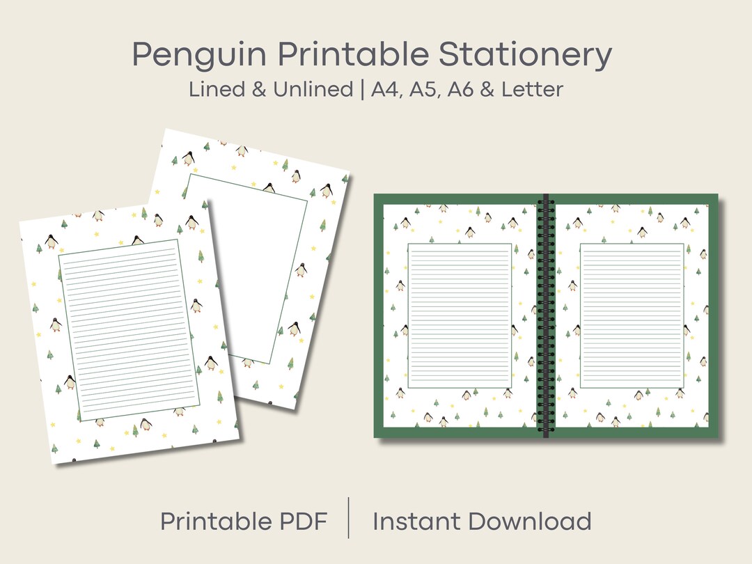 Penguin Digital Stationery - Animal Digital Notepad, Notebook Template ...