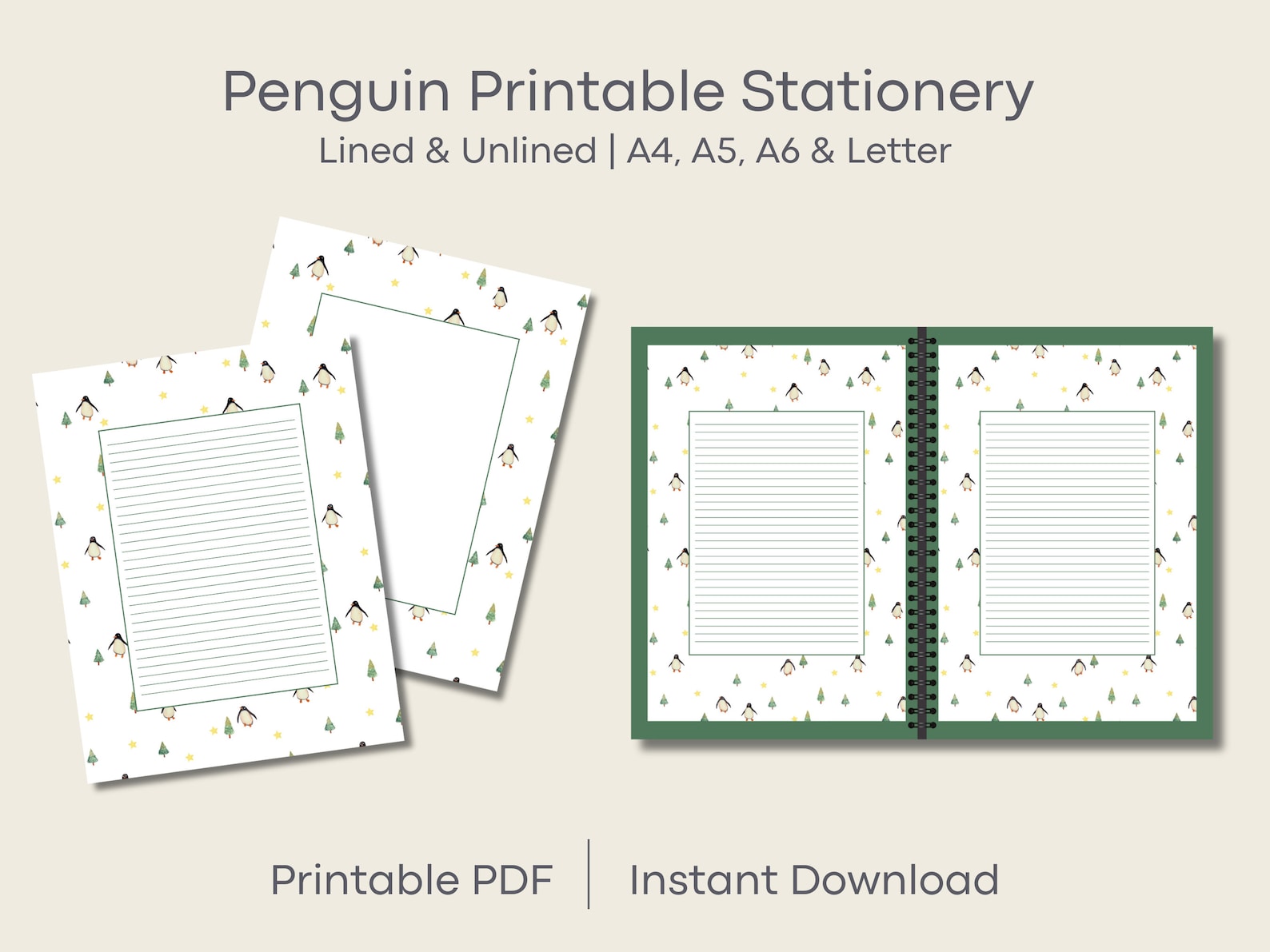 Penguin Digital Stationery - Animal Digital Notepad, Notebook Template ...