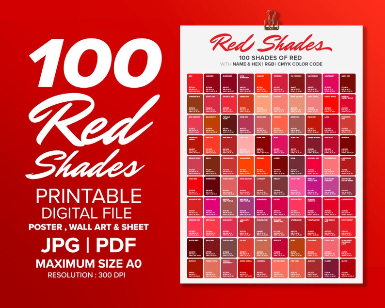 100 Red Shades Poster: Color Chart Wall Art (digital Print) - Etsy
