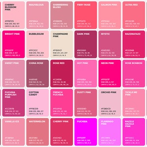 100 Pink Shades Color Poster, Wall Art Color, Chart & Sheet, Color ...