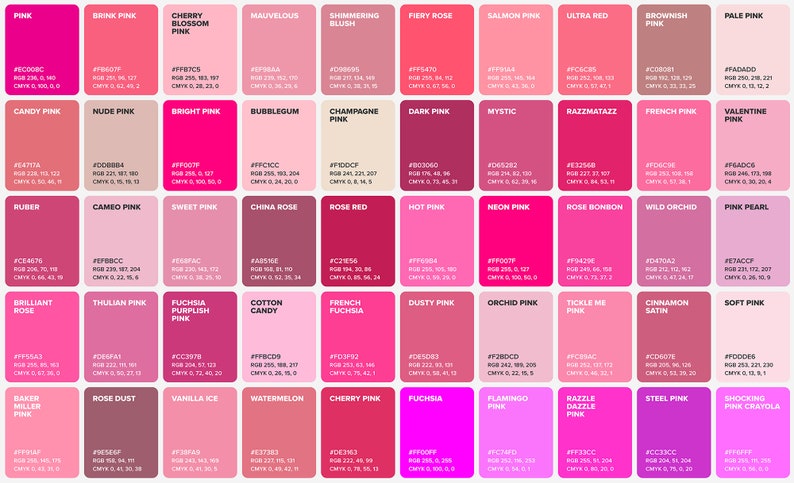 100 Pink Shades Color Chart Poster (digital Print) - Etsy