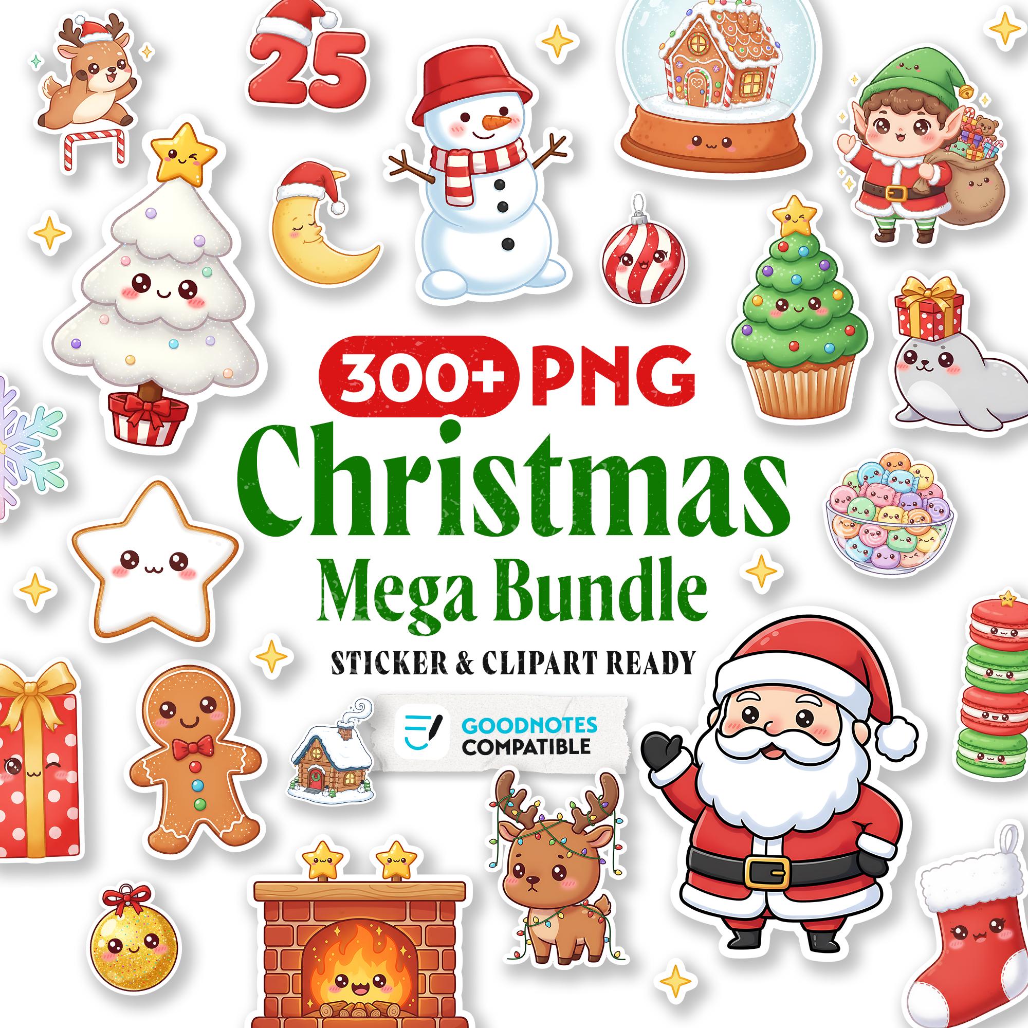 Kawaii Christmas Clipart Bundle, 300+ PNG Stickers for Goodnotes ...