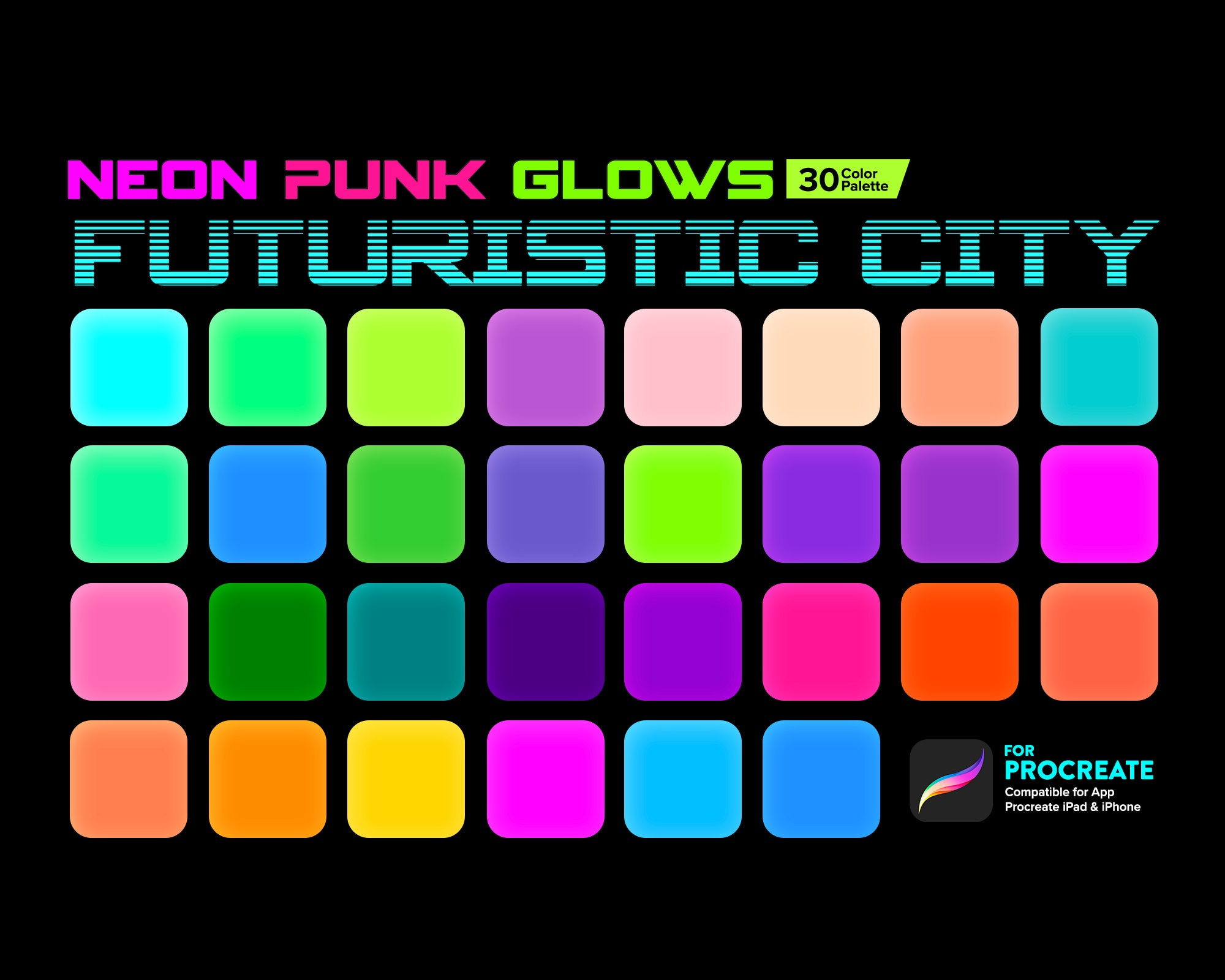 Neon Punk Glows, Color Palette, Futuristic City, Procreate Palette ...