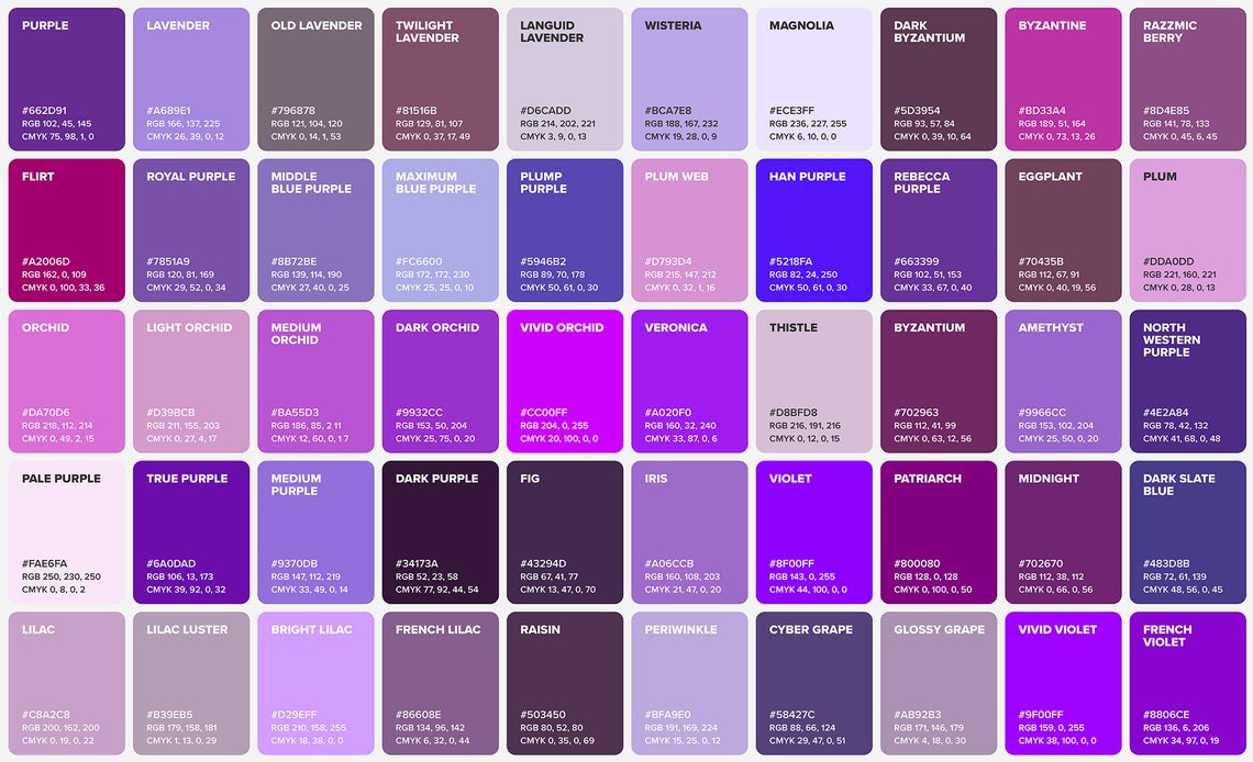 100 Purple Shades Color Poster, Wall Art Color, Chart & Sheet, Color ...