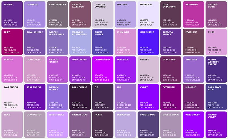 100 Purple Shades Color Poster, Wall Art Color, Chart & Sheet, Color ...