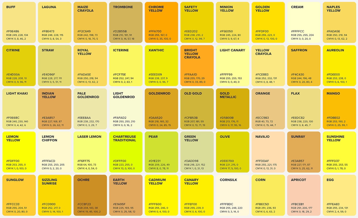 Yellow Color Shades Poster: Wall Art Chart (A0-A4 Digital Print) - Etsy