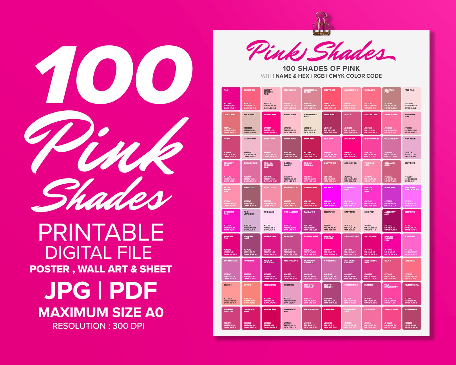 100 Pink Shades Color Chart Poster (digital Print) - Etsy