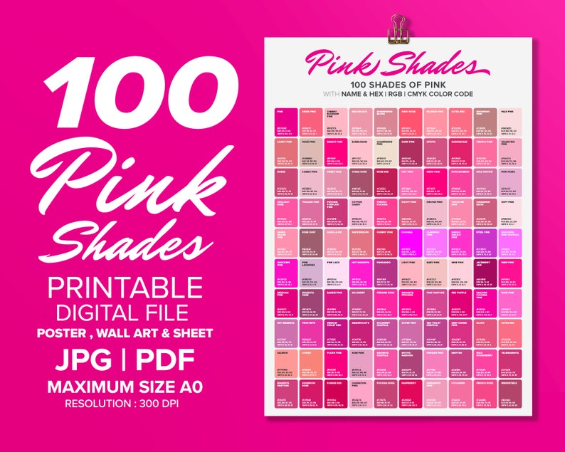 100 Pink Shades Color Chart Poster (digital Print) - Etsy