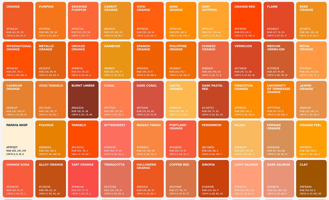 Orange Color Chart Poster: 100 Shades of Orange (digital Print) - Etsy
