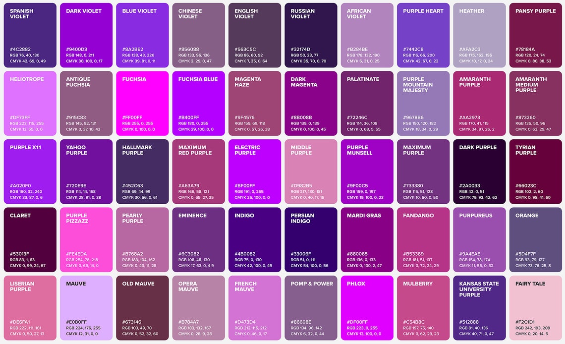Purple Color Shades Poster: 100 Tones Chart (digital Print) - Etsy