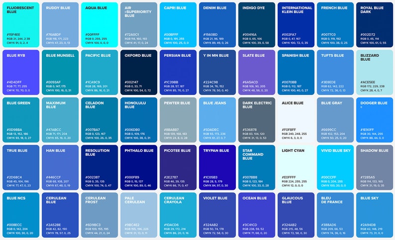 100 Blue Shades Color Poster, Wall Art Color, Chart & Sheet, Color ...