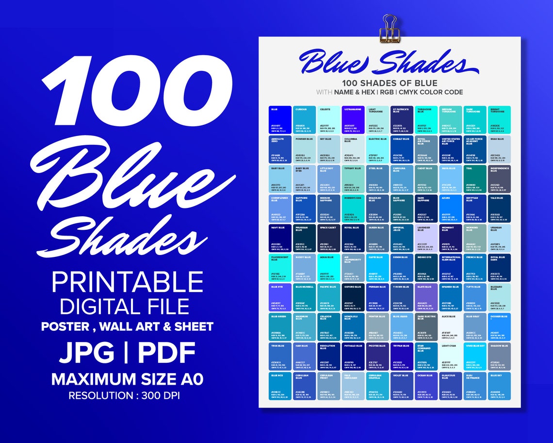 Blue Shades Color Chart Poster: Wall Art Printable (digital Print) - Etsy