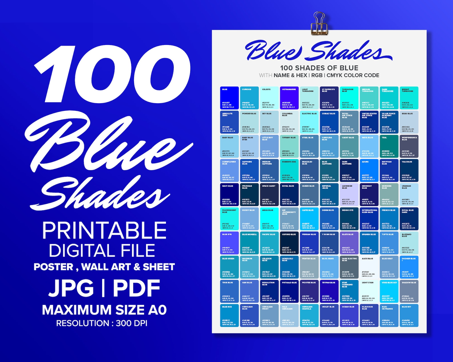 Blue Shades Color Chart Poster: Wall Art Printable (digital Print) - Etsy