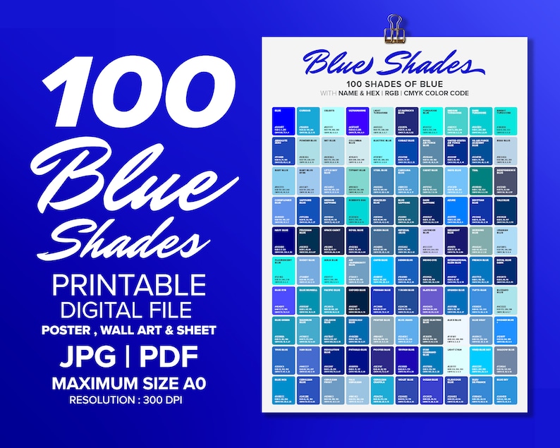 100 Blue Shades Color Poster, Wall Art Color, Chart & Sheet, Color ...