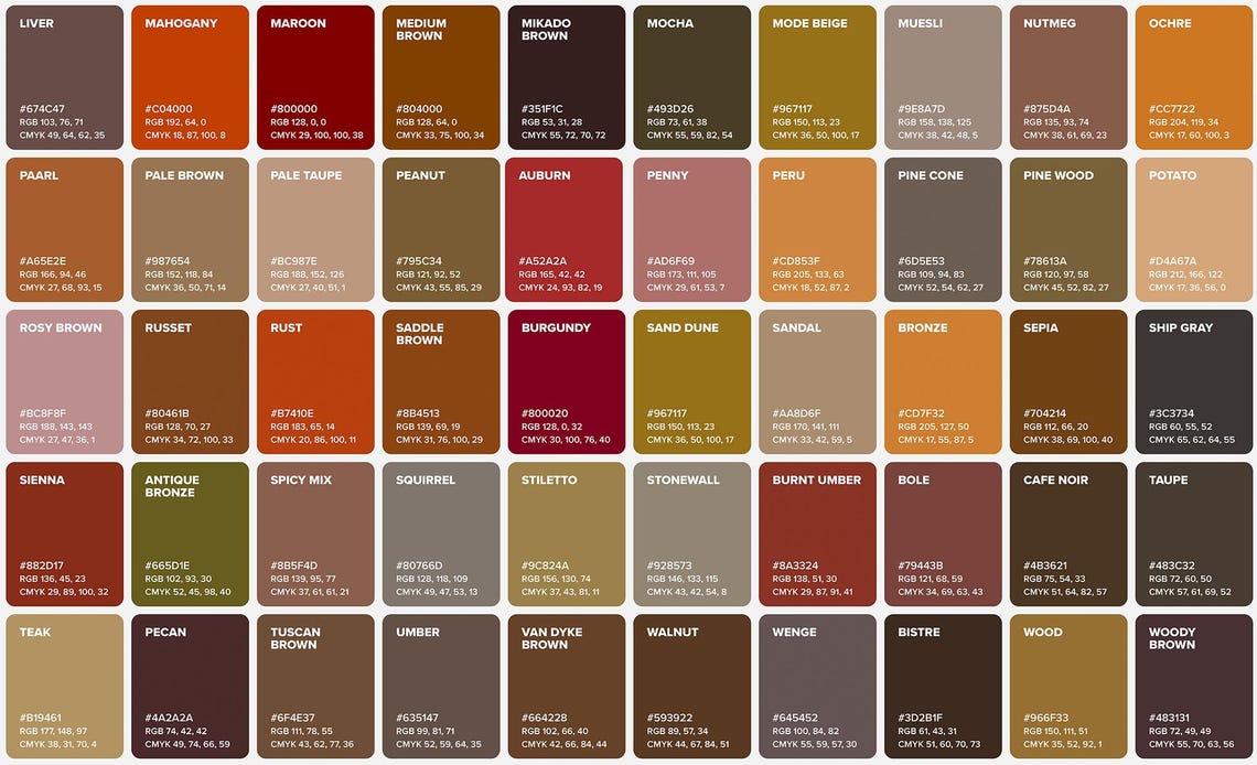 Brown Shades Color Chart Poster: Wall Art Printable (digital Print) - Etsy