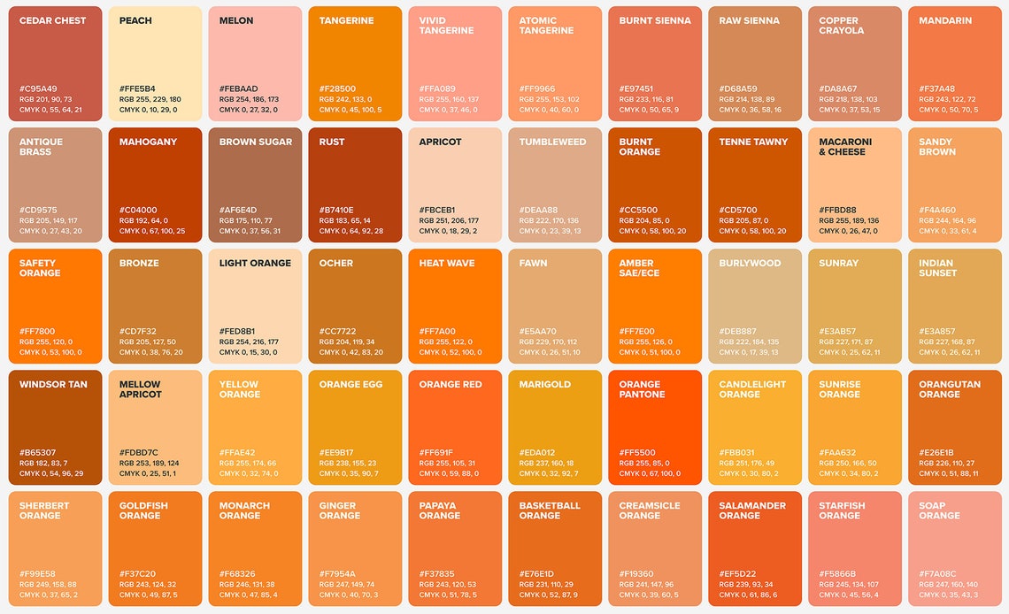 Orange Color Chart Poster: 100 Shades of Orange (digital Print) - Etsy