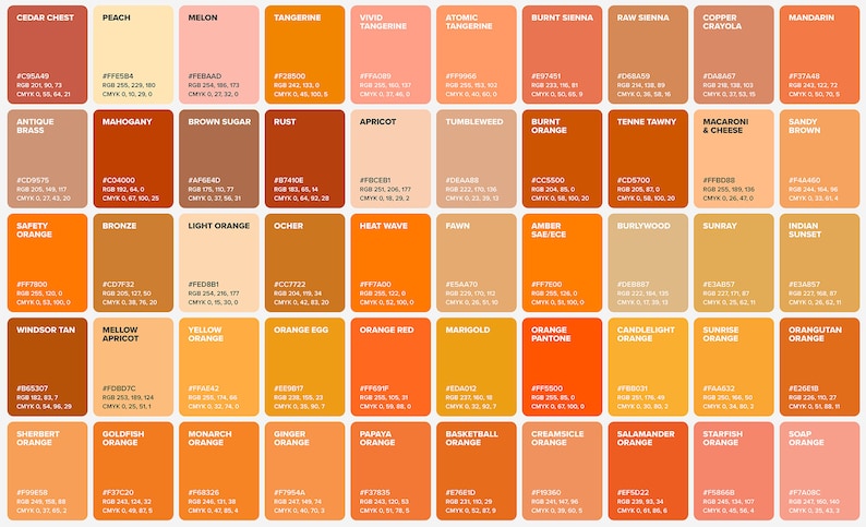 Orange Color Chart Poster: 100 Shades of Orange (digital Print) - Etsy