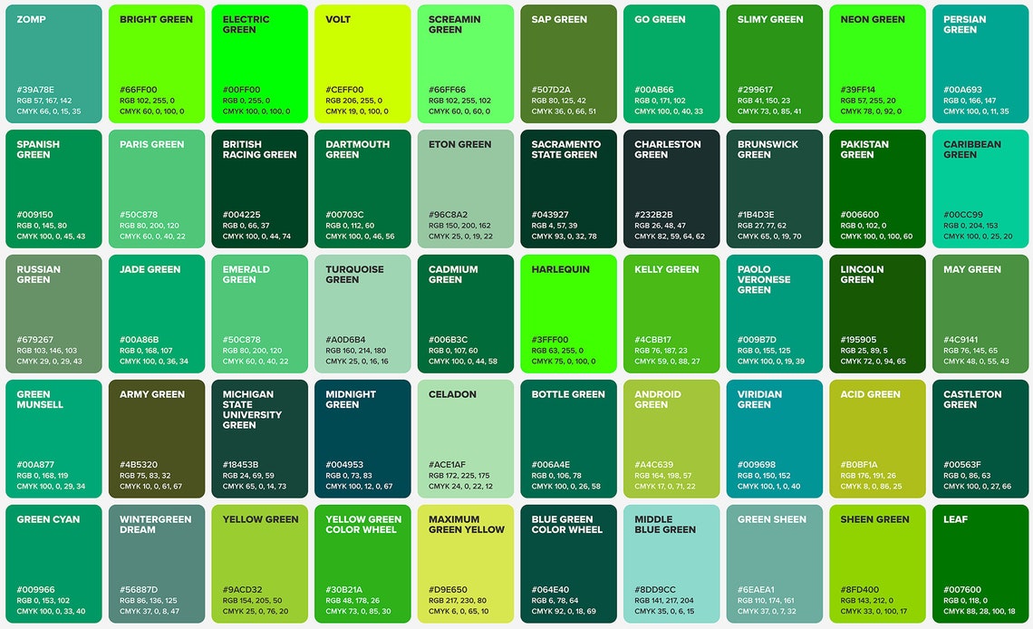 Green Color Chart Poster: 100 Shades of Green (digital Print) - Etsy