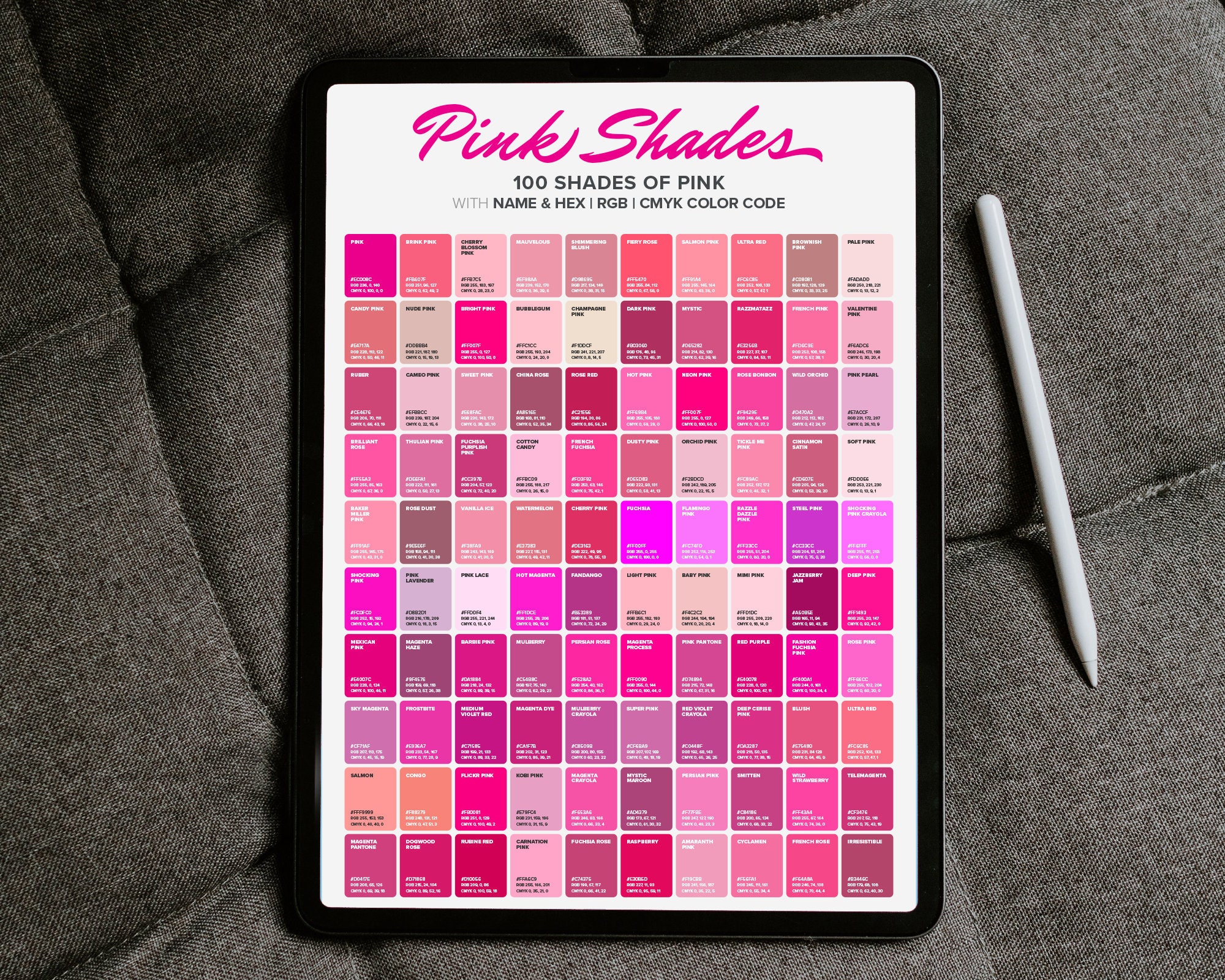 Shades Of Pink Color Chart