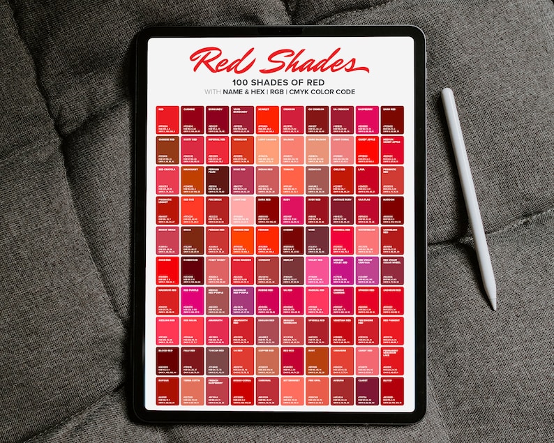 100 Red Shades Poster: Color Chart Wall Art (digital Print) - Etsy
