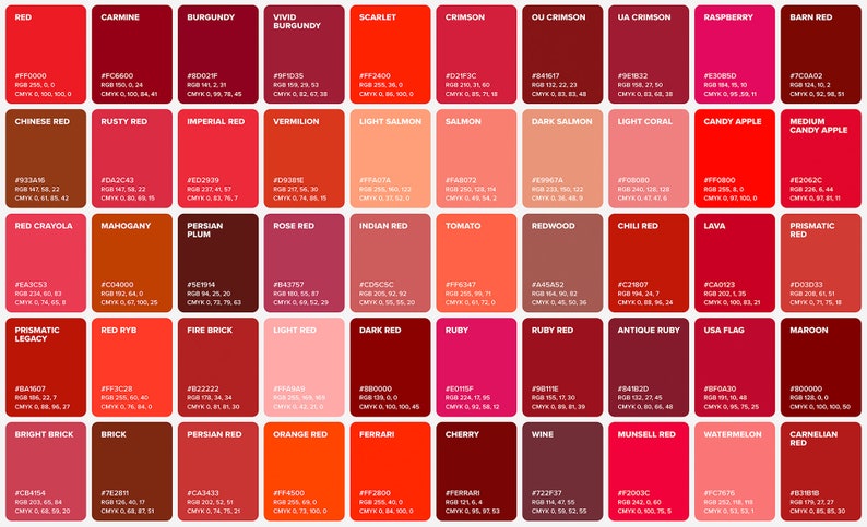 100 Red Shades Color Poster Wall Art Color Chart And Sheet Color Shades Of Red Poster