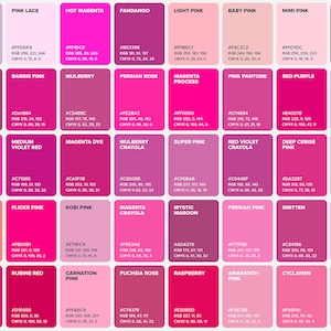 100 Pink Shades Color Poster, Wall Art Color, Chart & Sheet, Color ...