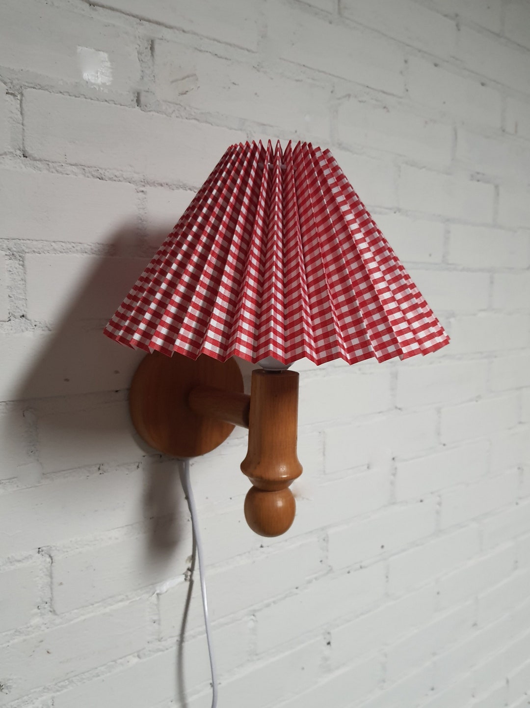Vintage Wooden Wall Lamp With New Red and White Checkered Lamp - Etsy