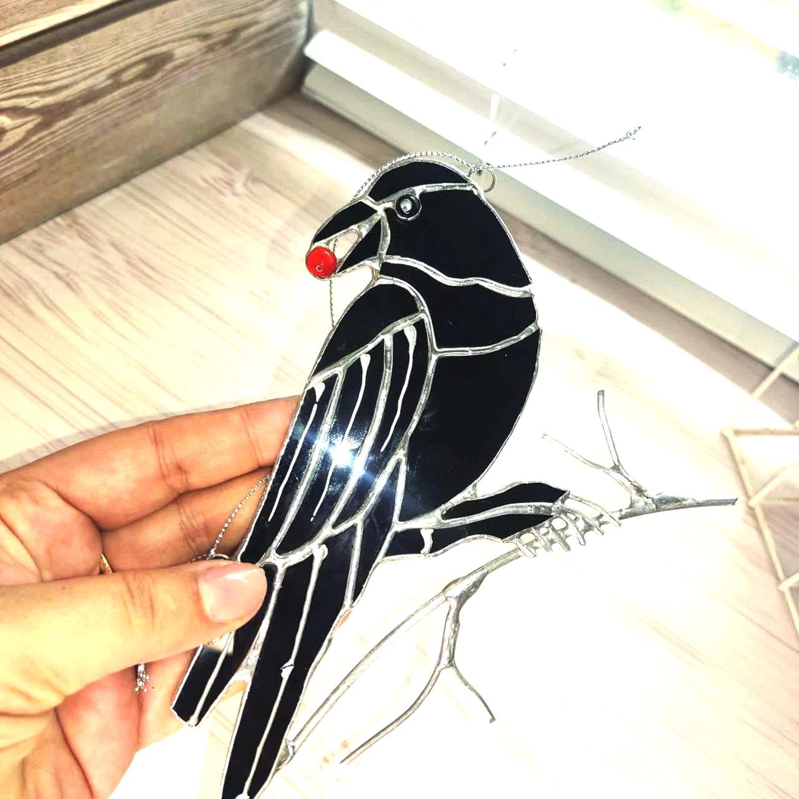 Stained Glass Raven Crow Handmade Decor for Halloween, Glass Black Bird ...
