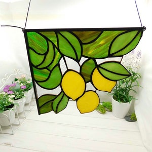 Stained Glass Lemon, Yellow Lemons on Branch, Panel Window Hanging ...