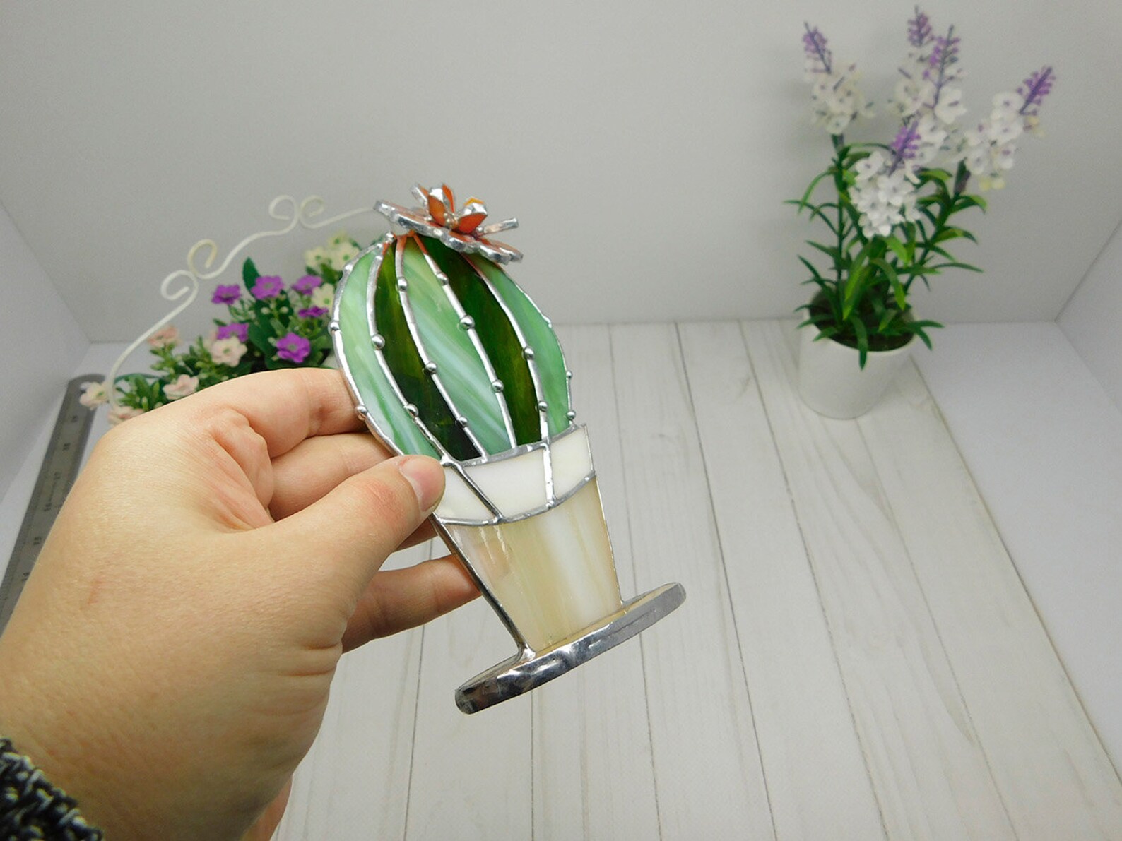 Cactus de vidrio de colores, suculenta 3D, figura atrapasol hecha a ...