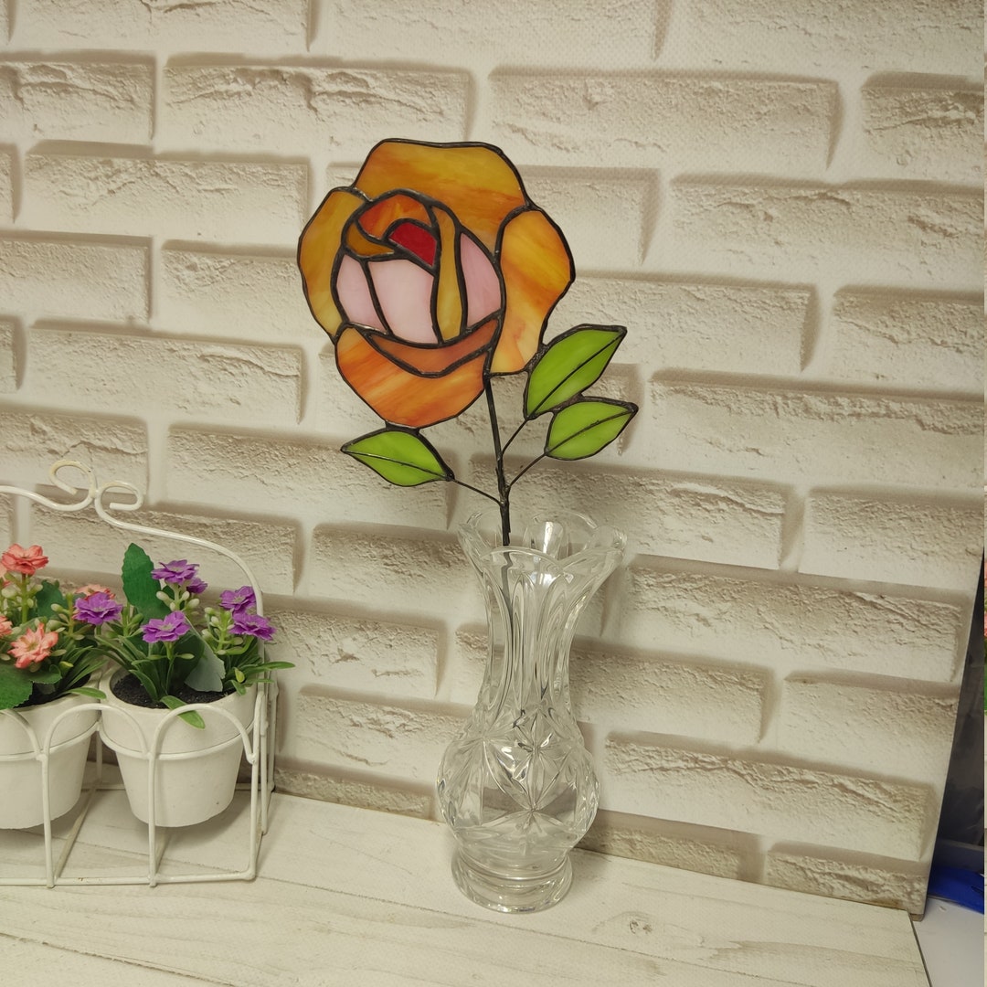 Stained Glass Pink Rose, Rose Suncatcher, Window Hanging, Enchanted ...