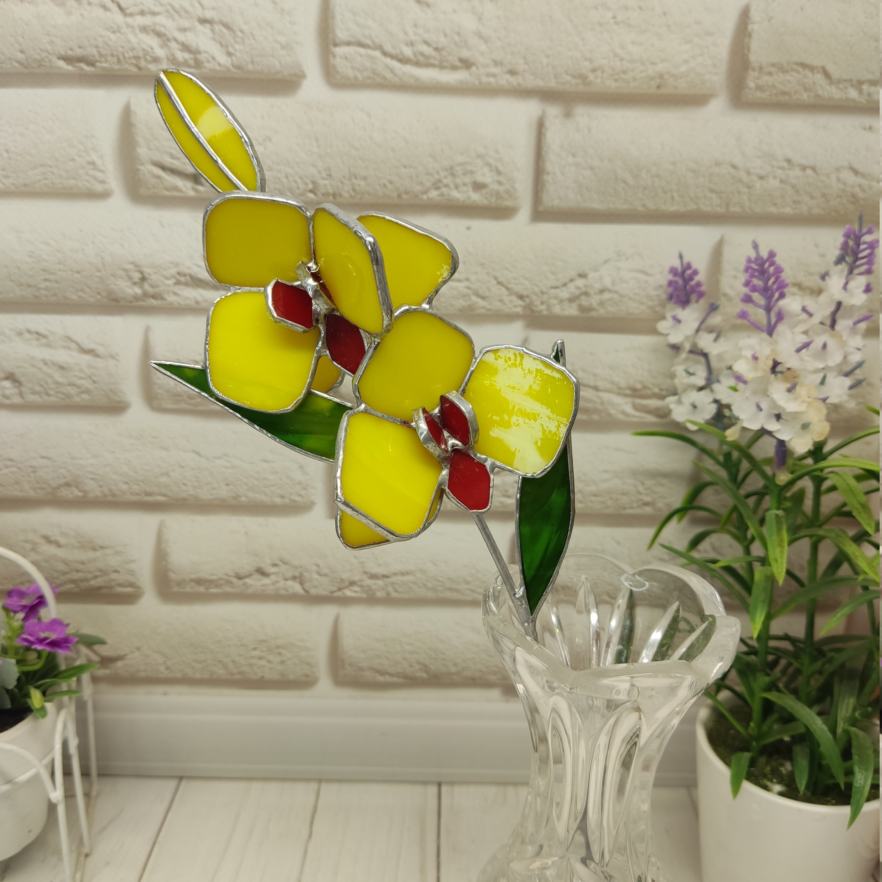Stained Glass Orchid Glass Flower 3d Yellow Flower For A Etsy