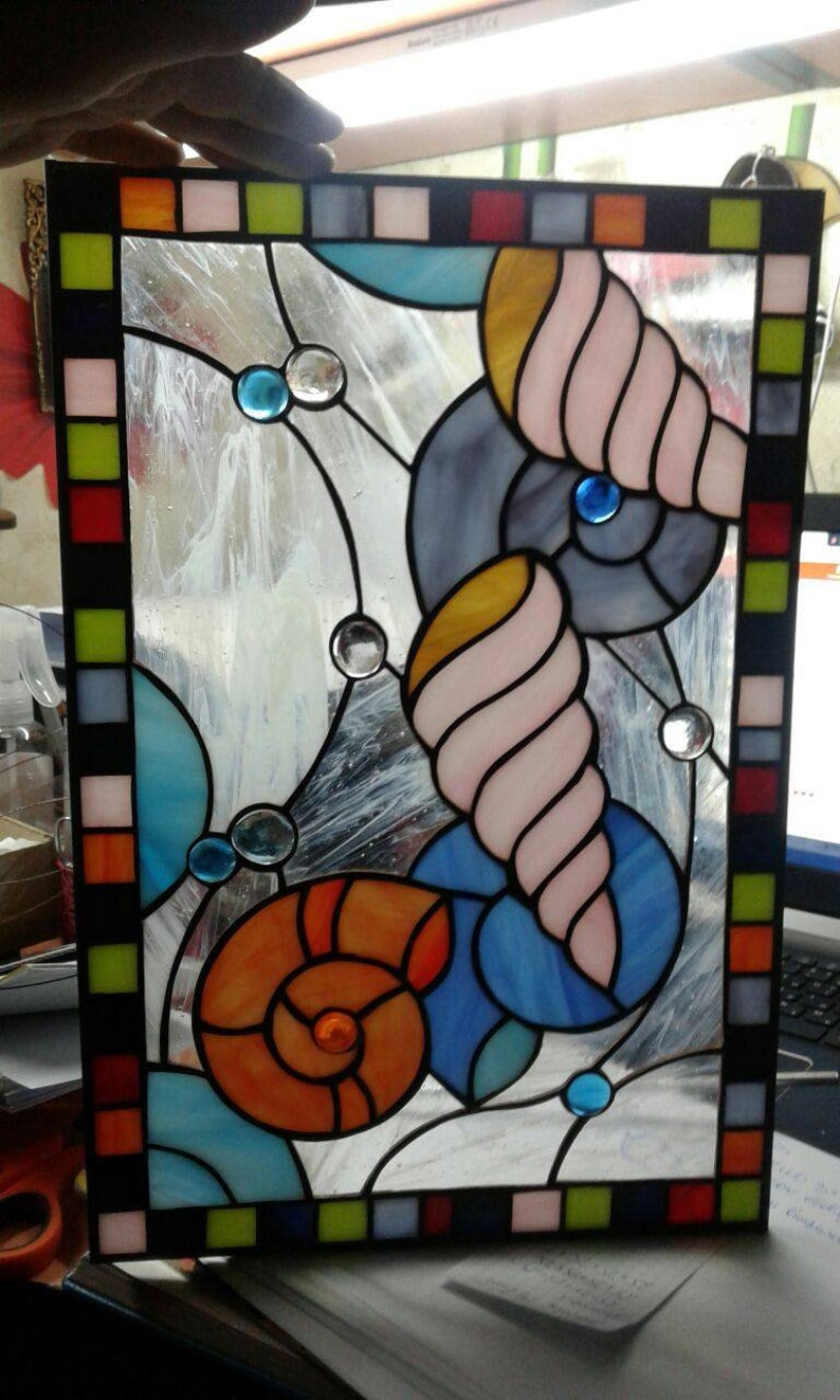 Stained Glass Sea Shell Stained Glass Panel Suncatcher Decor - Etsy