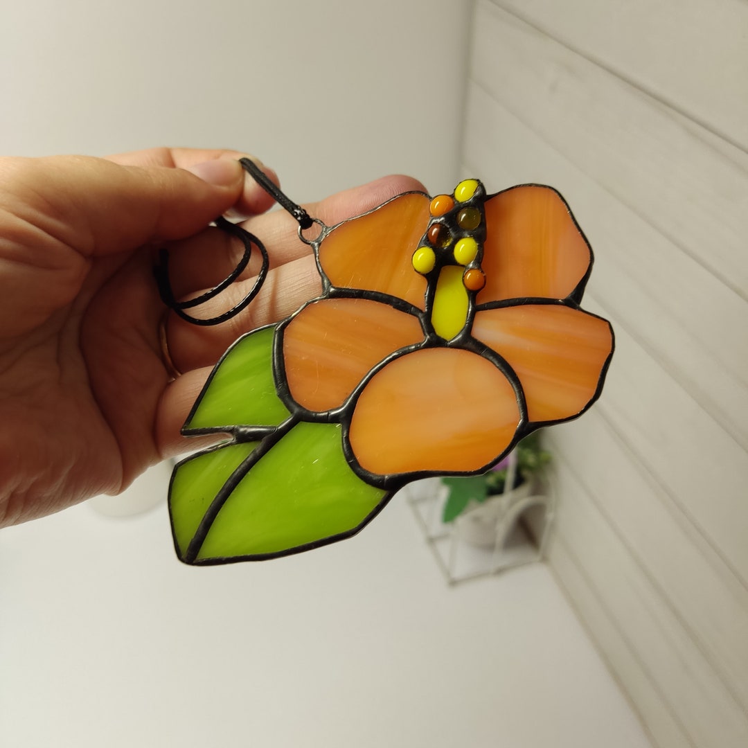 Stained Glass Hibiscus, Flower Sun Catcher, Hibiscus Glass Art, Stain ...