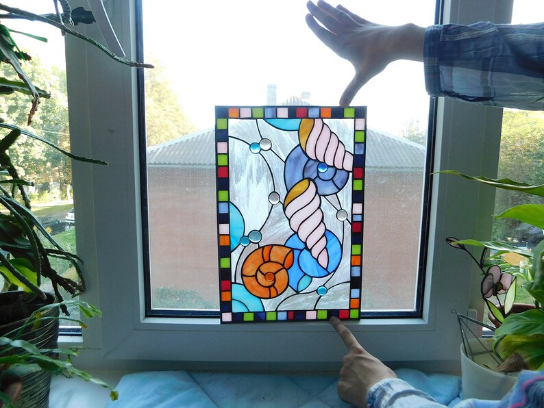 Stained Glass Sea Shell Stained Glass Panel Suncatcher Decor - Etsy