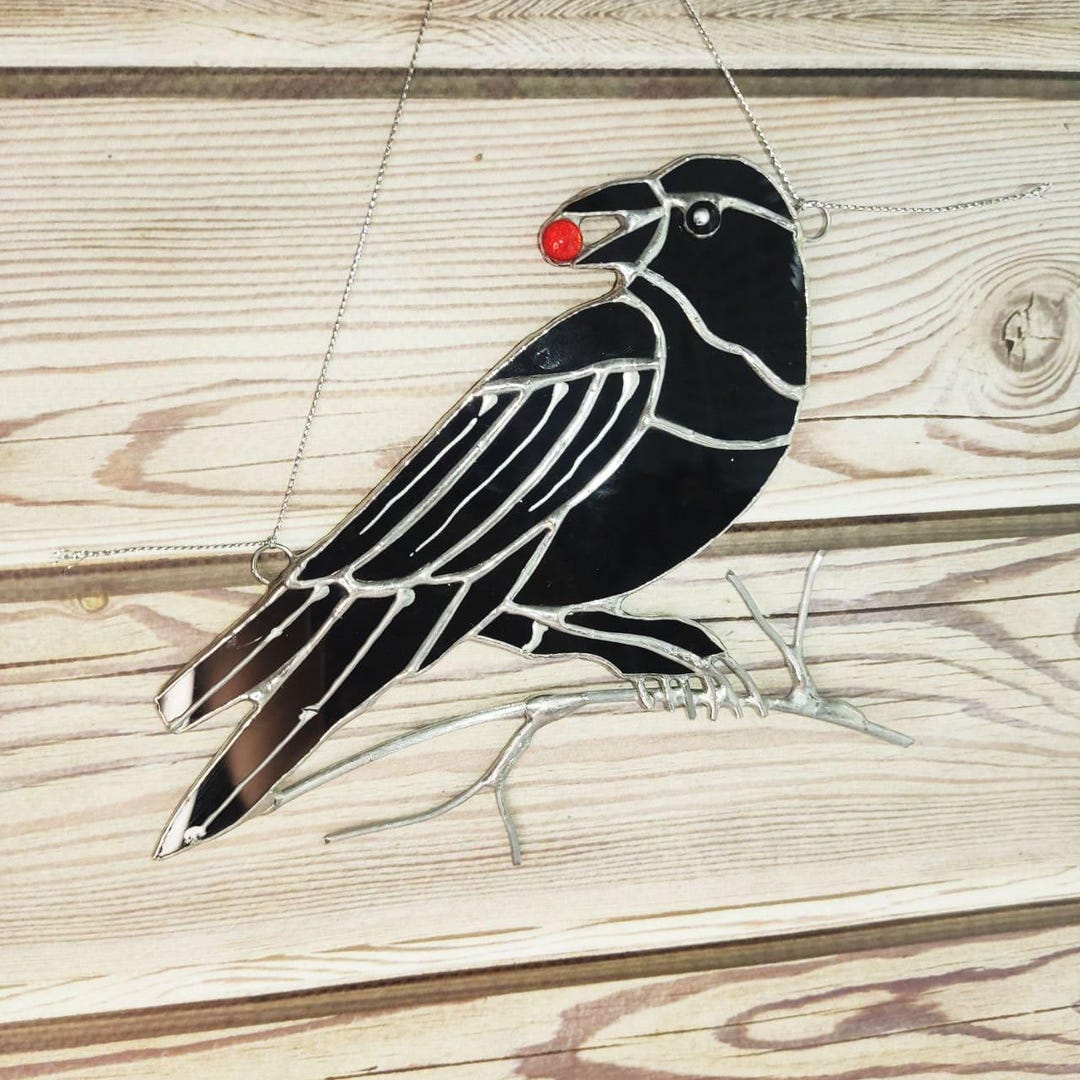 Stained Glass Raven Crow Handmade Decor for Halloween Glass Black Bird ...