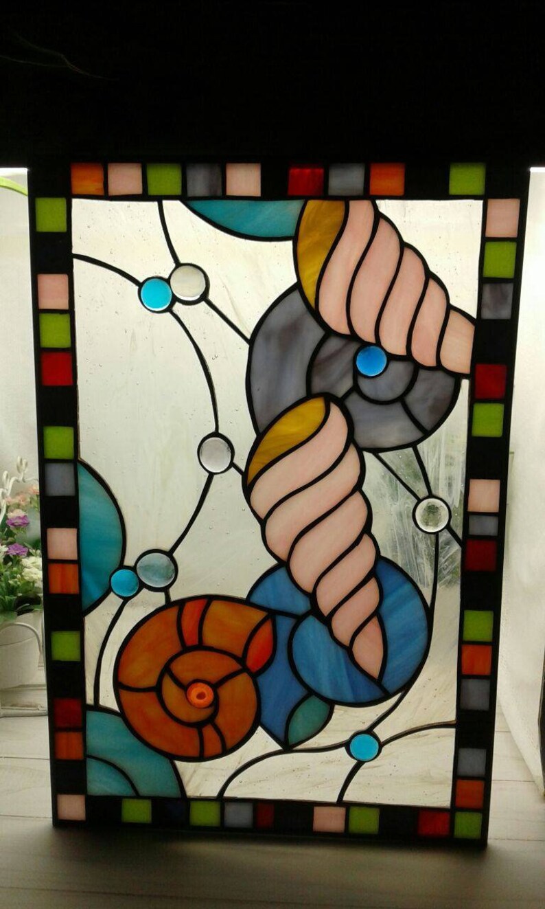 Stained Glass Sea Shell Stained Glass Panel Suncatcher Decor - Etsy