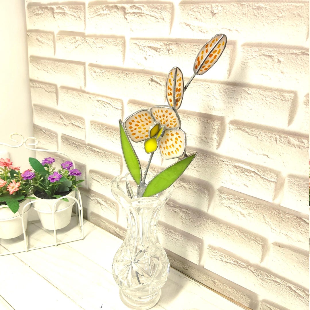 Stained Glass White Dots Orchid, Glass Flower 3d for a Vase or ...