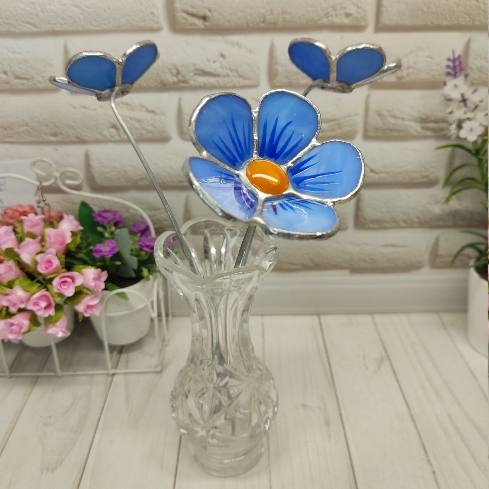 Stained Glass Flower on the Stem Blue Flower Garden Stake - Etsy